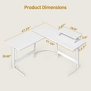 BANTI L Shaped Gaming Desk Computer Office Desk, 47 inch Corner Desk with Large Monitor Stand for Home Office Study Writing Workstation, White