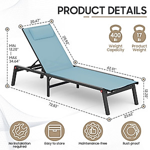 WOAJN Aluminum Patio Chaise Lounge Chair Set of 2,5-Position Adjustable Backrest,Foldable Lounge Chair Outdoor,Pool Lounge Chairs for Poolside,Lawn,Deck,Beach,Blue