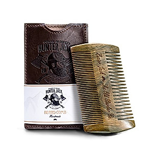 Beard Comb Kit for Men - Great for Head Hair, Beard Grooming & Mustache - Sandalwood Handmade Premium Wood - Fine Dual Action Teeth - Beard Care Kit for Men, Gift "Hunter Jack" PU Leather Case