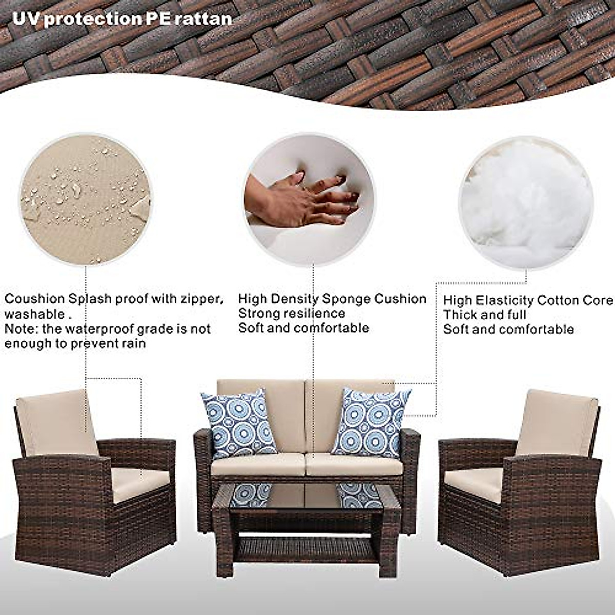 Walsunny Quality Outdoor Living,Outdoor Patio Furniture Sets,4 Piece Conversation Set Wicker Ratten Sectional Sofa with Seat Cushions (Brown)