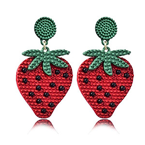 Cute Red Strawberry Watermelon Fruit Drop Earrings Bohemian Beaded Dangle Earrings Sweet Fruit Stud Earrings for Women (Strawberry)
