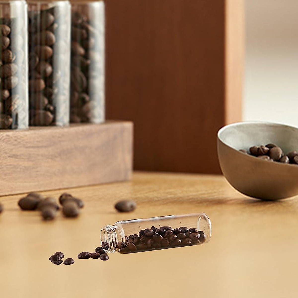 Oidium Single Dose Coffee Bean Storage - 2oz Glass Jars with Lids, Portable Spice Container, Dosing Glass Vials With Screw Caps (4-Pcs)