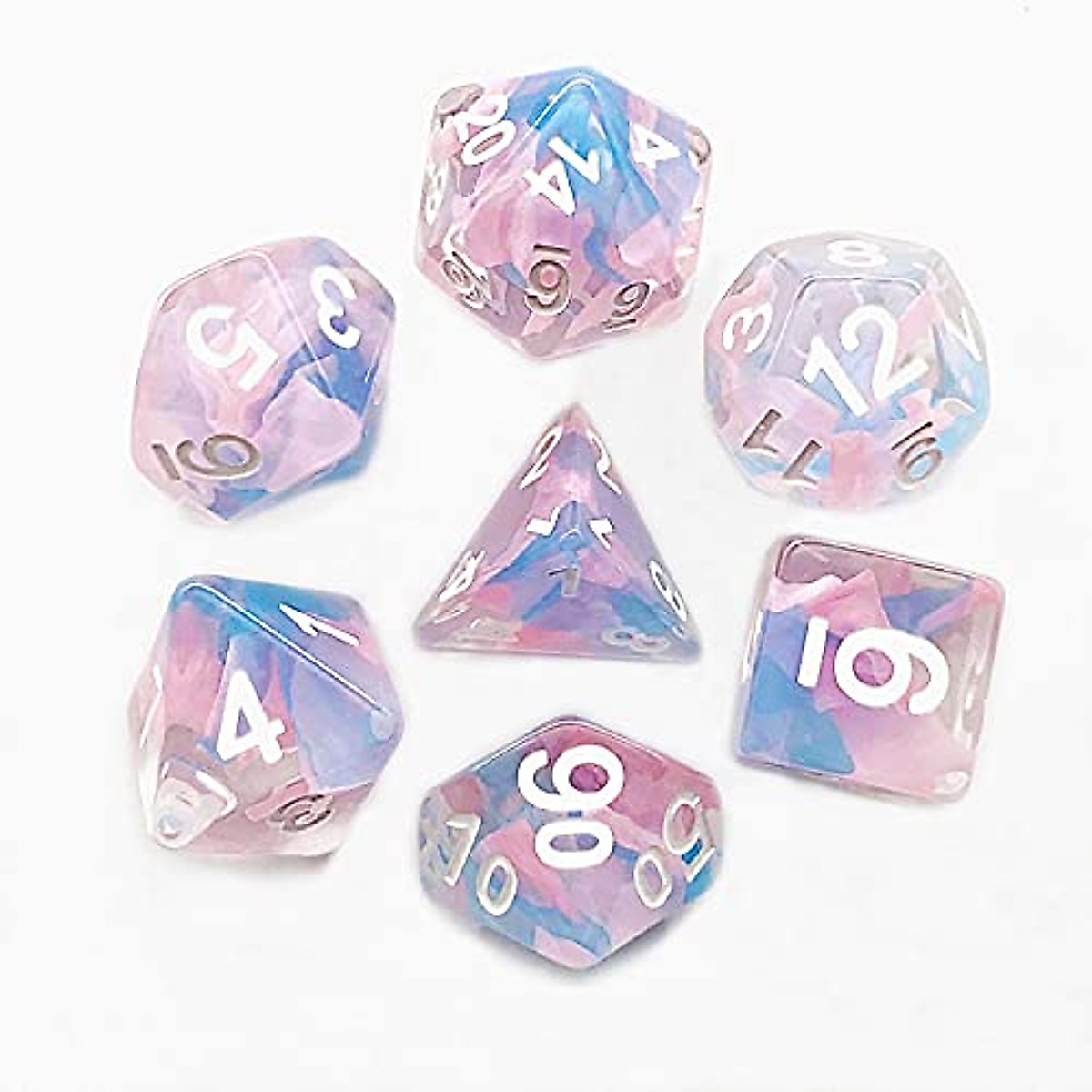DND Polyhedral Dice RPG Dice for Dungeons and Dragons,Pathfinder,MTG,D&D Role Playing Game,Pink Blue Flower Transparent Dice Set,with Grey Waterproof Bag