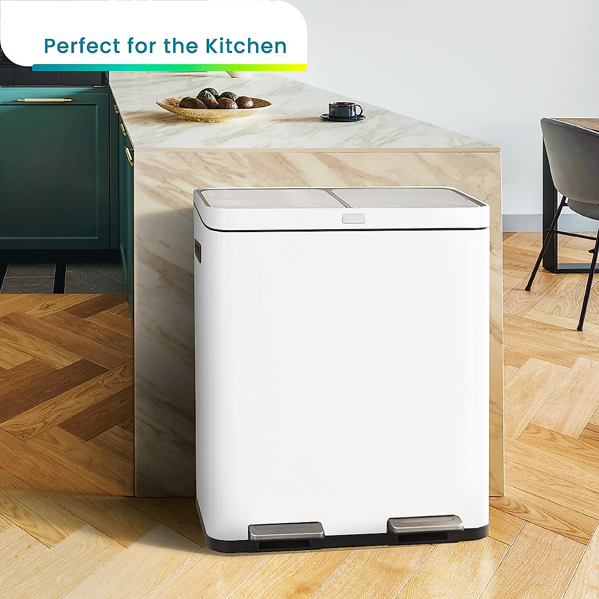 Home Zone Living 15.8 Gallon Kitchen Trash Can, Dual Removable Liners for Recycling and Trash, CleanAura Odor Control, Wide Stainless Steel Shape, Matte White (7.9 + 7.9 for 15.8 Gallon Total)