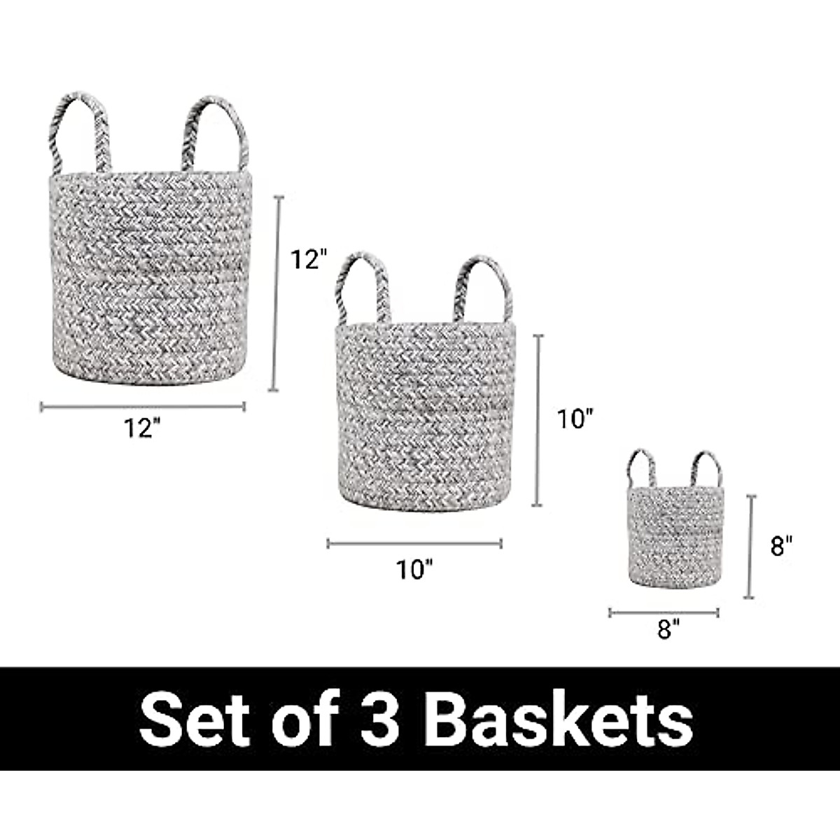 Super Area Rugs Farmhouse Plant Basket/Planter Multi Purpose Open Top Bin with Handles, Cotton Rope Basket, 8-inch, 10-inch and 12-inch Grey & White