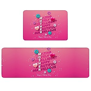 LOT BASIC Happy Mother's Day Kitchen Mats Set of 2, Water Absorbent & Anti-Slip Kitchen Rugs, Comfort Floor Mat for Kitchen, Office, Laundry, 18x30in+18x48in Copywriting Flower Love Heart