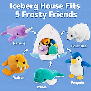 PREXTEX Stuffed Animal with Babies Inside - Five Small Plush Christmas Stuffed Animal House - Penguin Toy, Polar Bear Plush, Whale, Narwhal, Walrus, Toy Igloo - Artic Stuffed Animals for Girls/Boys
