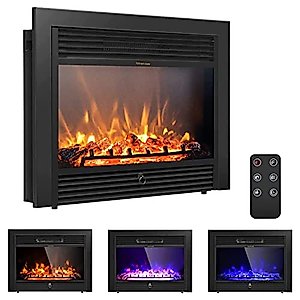 COSTWAY 28.5-Inch Electric Fireplace Inserts, 750W/1500W Wall Recessed and Freestanding Fireplace with 3 Flame Colors, 5 Brightness Settings, 8H Timer, Remote Control, Fireplace Heater for Indoor Use