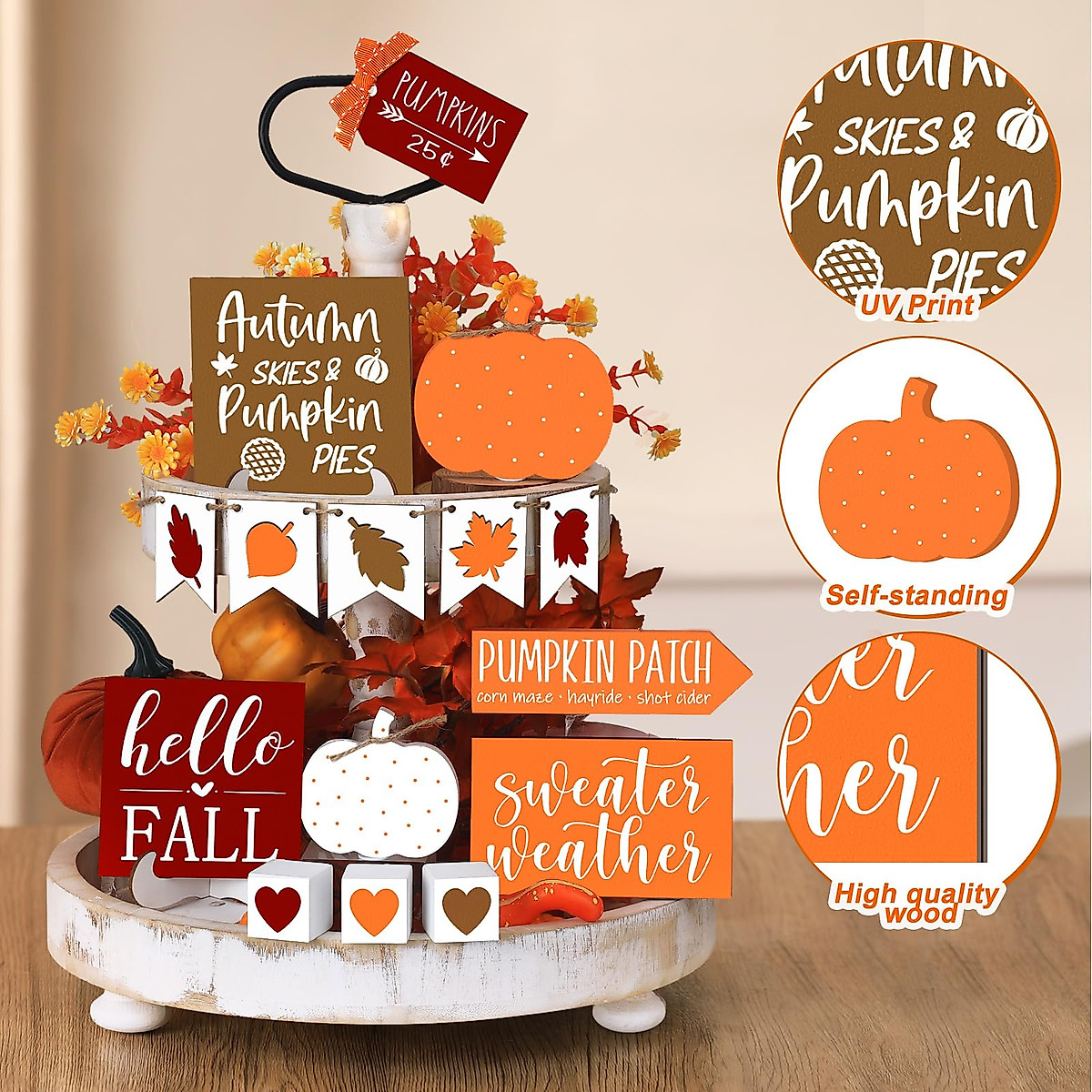 Sumind 15 Pcs Fall Tiered Tray Decor Set Hello Fall Decor Autumn Wood Signs Thanksgiving Orange Brown Table Signs Farmhouse Wooden Maple Pumpkin Gnomes Tabletop for Festival Home Decor(Autumn)