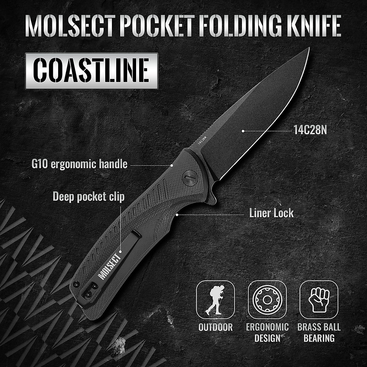 MOLSECT Coastline Pocket Folding Knife, Liner Lock EDC Knives 3.37" Satin 14C28N Blade G10 Handle, Everyday Carry Knife with Clip for Men Women Gift Outdoor Indoor Hiking Camping Fishing Work
