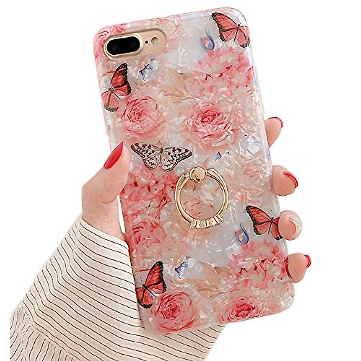Qokey for iPhone 8 Plus Case,iPhone 7 Plus Case 5.5 inch Flower Cute Stand Cover for Women Girls 360 Degree Rotating Ring Stand Kickstand Soft TPU Shockproof Rose Butterfly