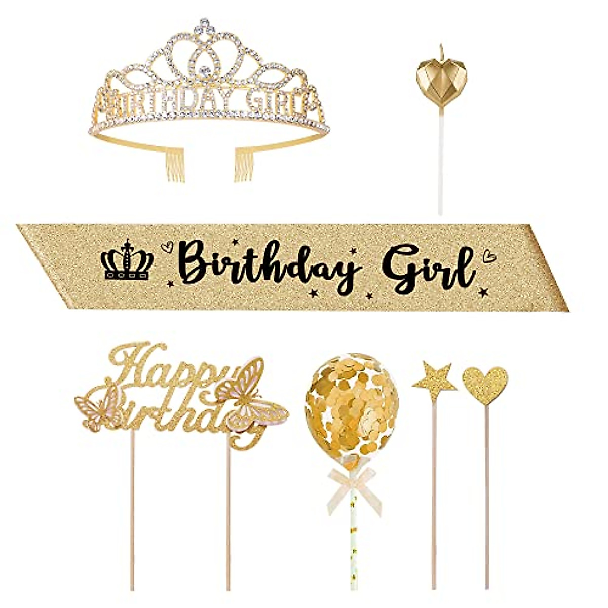 HiStock Happy Birthday Decoration Set for Girl, Birthday Girl Gold Sash Crown Tiara Candles Cake Topper Birthday Party Favors for Girl Girlfriend Daughter