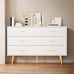 RESOM White Dresser for Bedroom, 6 Drawer Wooden Double Dresser with Gold Handles, Modern Chest of Storage Dresser with Deep Drawers for Living Room, Hallway