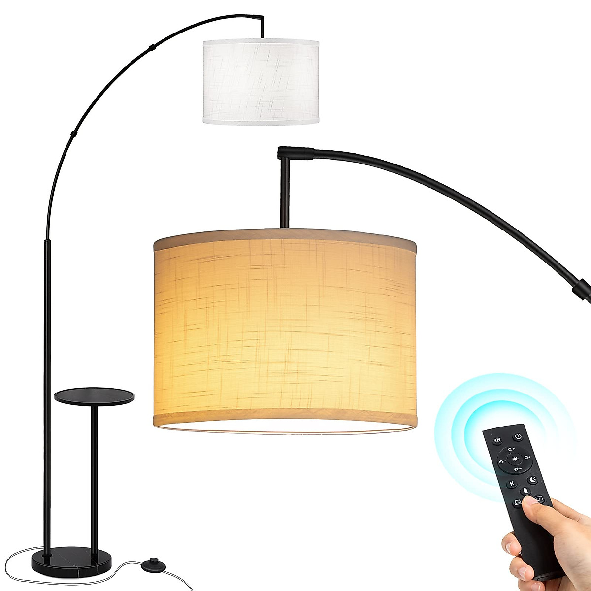 OUTON Arc Floor Lamp with Table and Marble Base, 81" Height LED Dimmable Floor Lamp with Remote & 4 Color Temperature, Tall Standing Lamp with Adjustable Hanging Drum Shade for Living Room, Bedroom