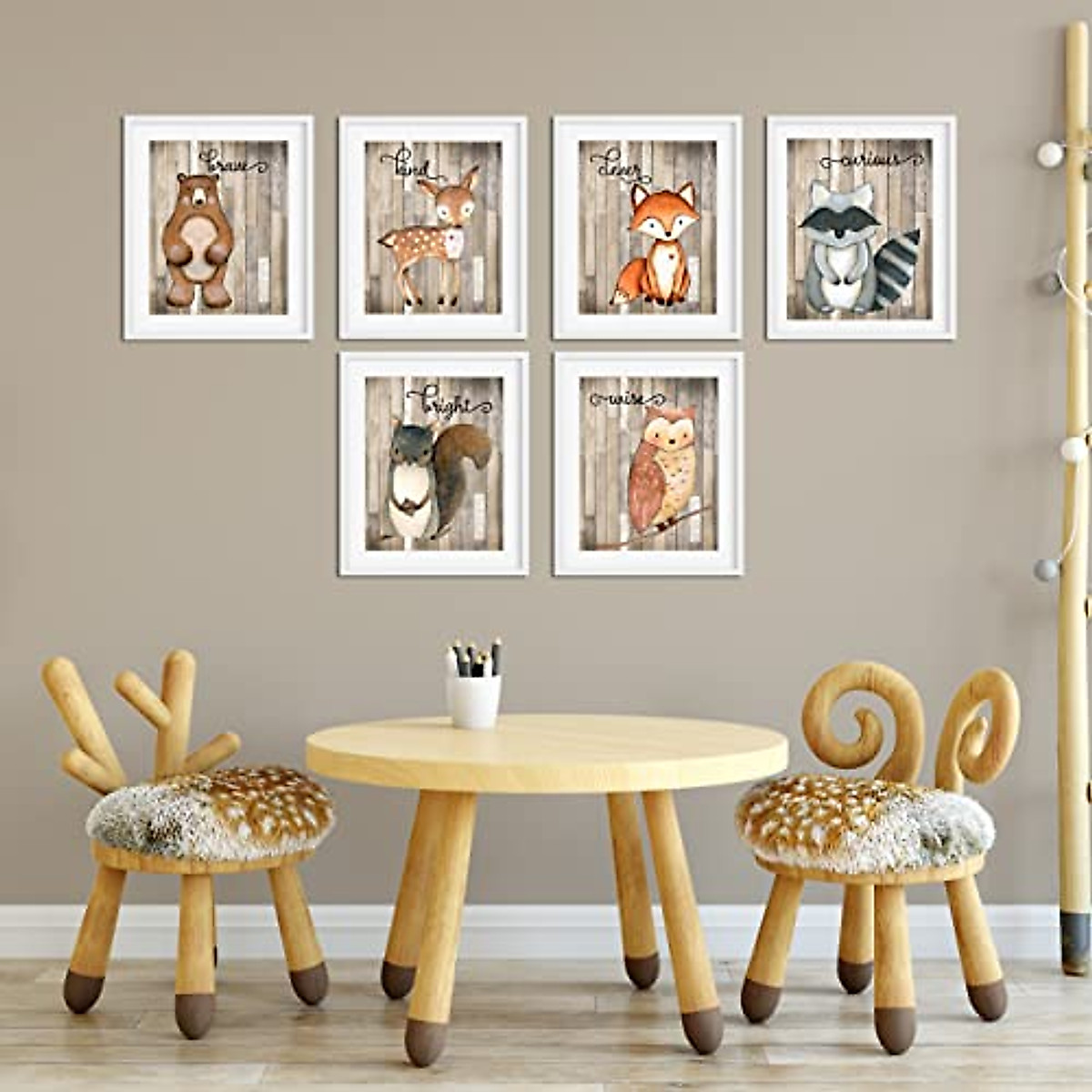 Woodland Nursery Decor for Boys - Animal Pictures Wall Art - Baby Room Animal Prints on Shiplap Background - Bear Deer Fox Raccoon Owl Squirrel Decor - Set of 6 PRINTS - 8x10 - UNFRAMED