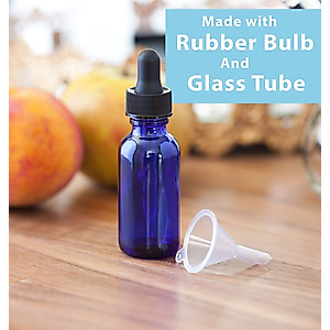 JUVITUS 1 oz / 30 ml Cobalt Blue Glass Boston Round Bottle with Graduated Measurement Glass Dropper (4 pack) + Funnel