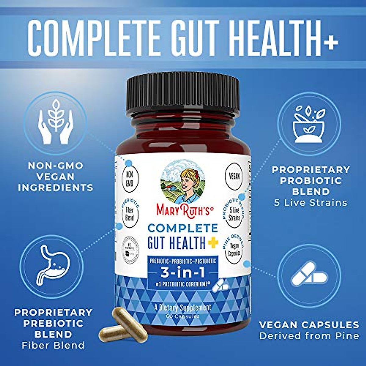 MaryRuth's Complete Gut Health+ | 3-in-1 Prebiotic + Probiotic + Postbiotic Corebiome® Vegan Gastrointestinal Support | Support Gut Health & Immune Function | 2 capsules per serving; 30 servings