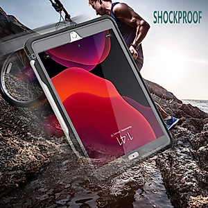 FXXXLTF iPad Case, Waterproof Full Body Cover for iPad 10.2 inch 2021 (Black), Compatible with 7th/8th/9th Gen, Protective with Pencil Holder, Anti-Scratch, Shockproof, IP68