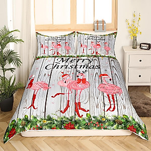 Feelyou Merry Christmas Comforter Cover Twin Size, Pink Flamingo Bedding Set for Kids Toddler Christmas Bells Duvet Cover Holiday Christmas Bedspread Cover Kids Room Decor Quilt Cover (No Comforter)