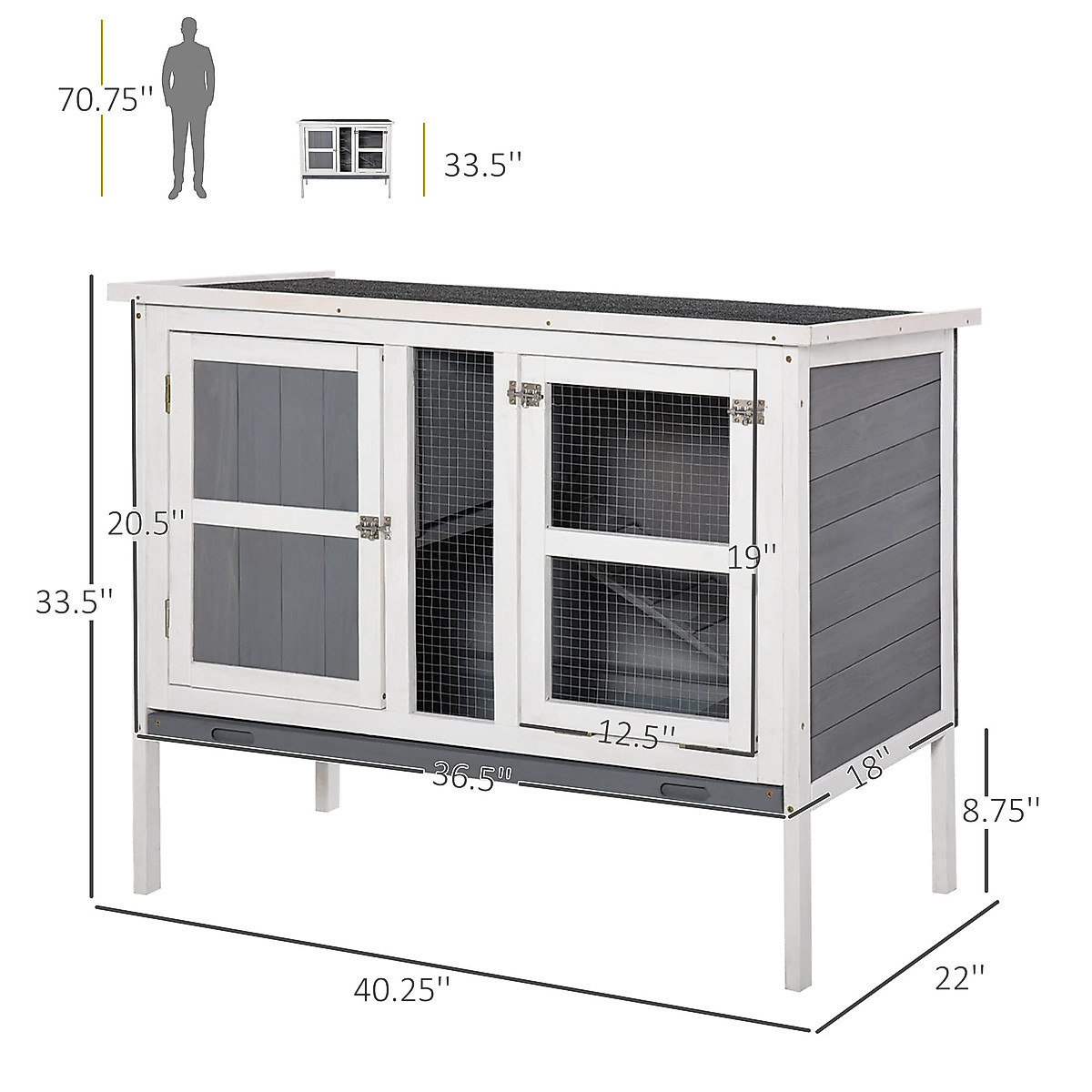 PawHut Rabbit Hutch Bunny Cage Small Animal Habitat with Ramp, Removable Tray and Openable Top, Inddor/Outdoor, Grey