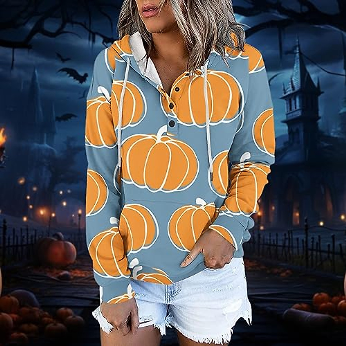 JDHUFEI Halloween Hoodie for Women Fall Casual Long Sleeve Pullover Pumpkin Print Drawstring Sweatshirt Button Loose Fit Tops