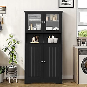 Iwell Bathroom Cabinet, Bathroom Storage Cabinet with Doors, Storage Cabinet with Open Shelf, Cupboard for Living Room, Home Office, Black