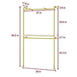MDEPYCO Modern Simple Square Tube Double Hanging Rods Clothing Rack,Retail Display Wall Mounted Storage Clothes Hanging Shelf,2 Tier Metal Garment Rack (39" L, Gold with Wood)