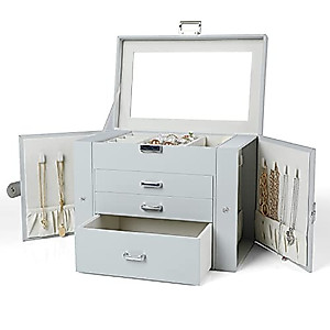 DQUTAR Jewelry Box for Women 4-layer Leather Large Jewelry Organizer Box with Drawers&Mirror for Necklace/Ring/Earring/Watch Storage (Grey)