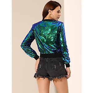 Allegra K Women's Sequin Jacket Long Sleeve Cropped Zipper Up Party Glitter Bomber Sparkly Jackets X-Small Green