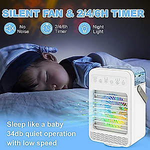 Portable Air Conditioner, Personal Air Cooler Mini with 2 Mists 4 Speeds, 120°Auto Oscillation, 600ML Tank, 2/4/6H Timer, 7 Colors Light, Evaporative Air Cooler Fan for Room Office Bedroom Camping