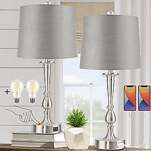 PARTPHONER Set of 2 Touch Control Table Lamp with Dual USB Charging Ports Desk Lamps, 3-Way Dimmable Modern Nickel Finish Bedside Large Table Lamps for Living Room, Bedroom