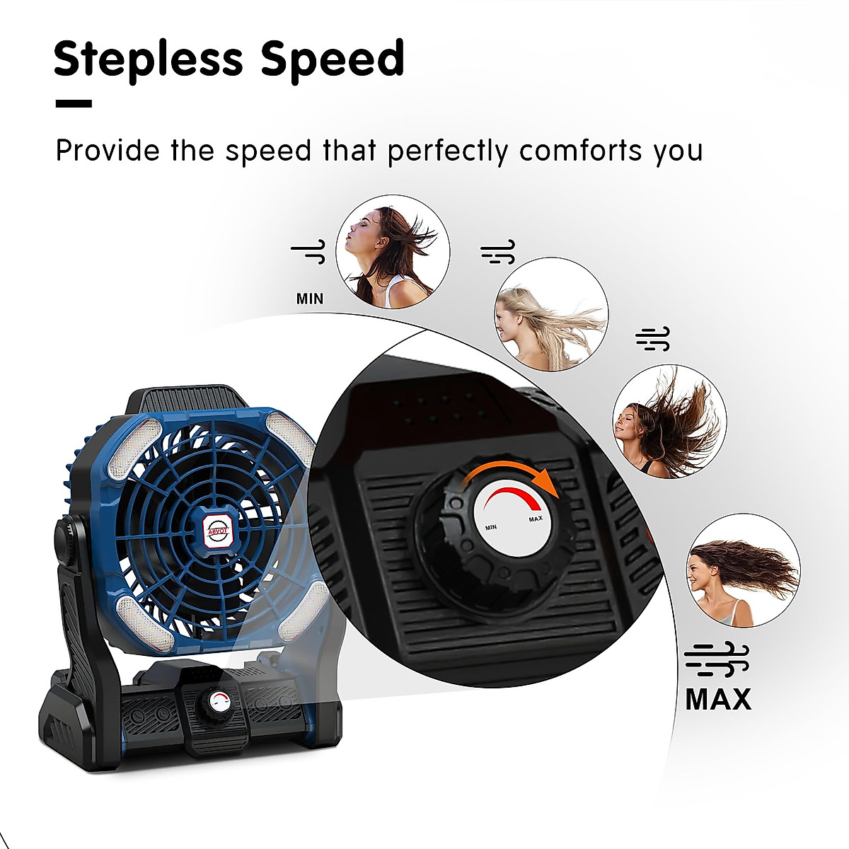 ABVOT 20000mAh Camping Fan with 4 LED Lights, Rechargeable Fan Portable, Stepless Speed and Adjustable Timer Settings for Picnic, Barbecue, Fishing, Travel