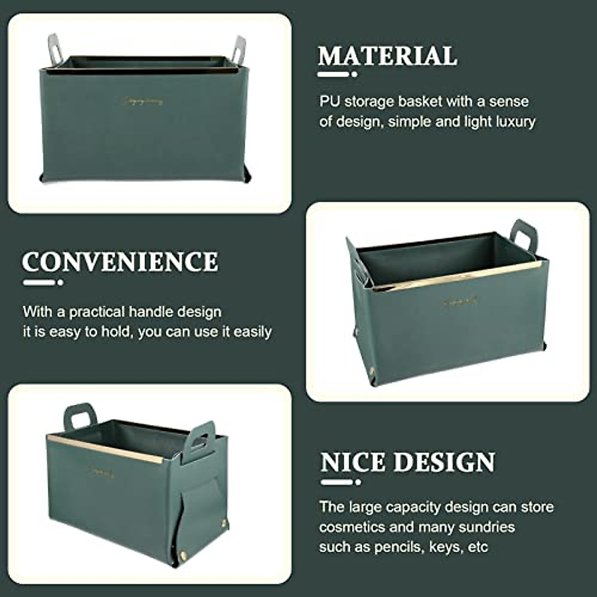 Cabilock Foldable Leather Storage Basket Desktop Sundries Box Cosmetics Storage Bin Vanity Tray Snack Case Vegetable Basket for Organizing Shelf Closet Cabinet Green