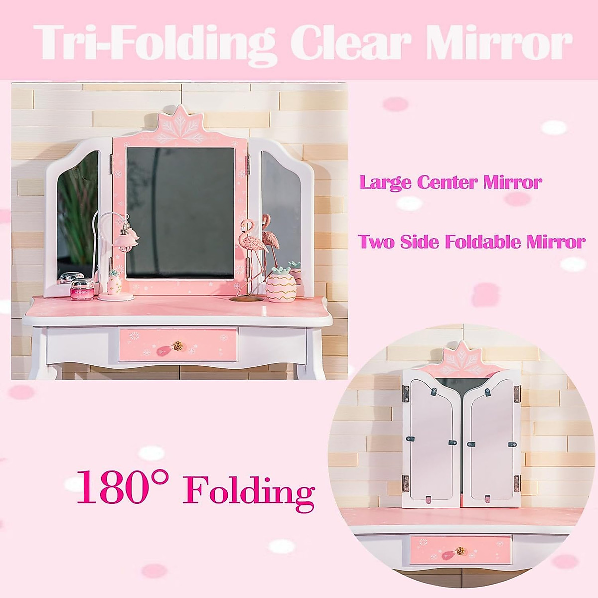 GAOMON Kids Vanity, Girls Vanity Table with Tri-Folding Mirror,Stool & Drawer, 2 in 1 Wooden Princess Makeup Desk Dressing Table, Toddler Vanity,Pretend Play Vanity Set for Kids