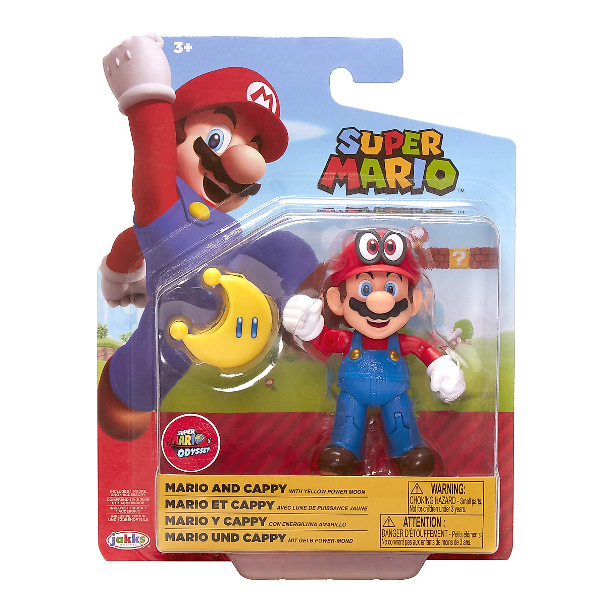 Super Mario Nintendo Collectible Mario Wearing Cappy 4" Poseable Articulated Action Figure with Yellow Power Moon Accessory, Perfect for Kids & Collectors Alike! for Ages 3+ (401344)