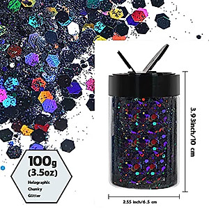 3.5oz/100g Mixed Chunky and Fine Glitter, Holographic Crafts Glitter Powder for Resin, Flakes Iridescent Nail Sequins, Cosmetic Glitter for Face Eye Glitters Tumblers, Festival Decorations (Black)