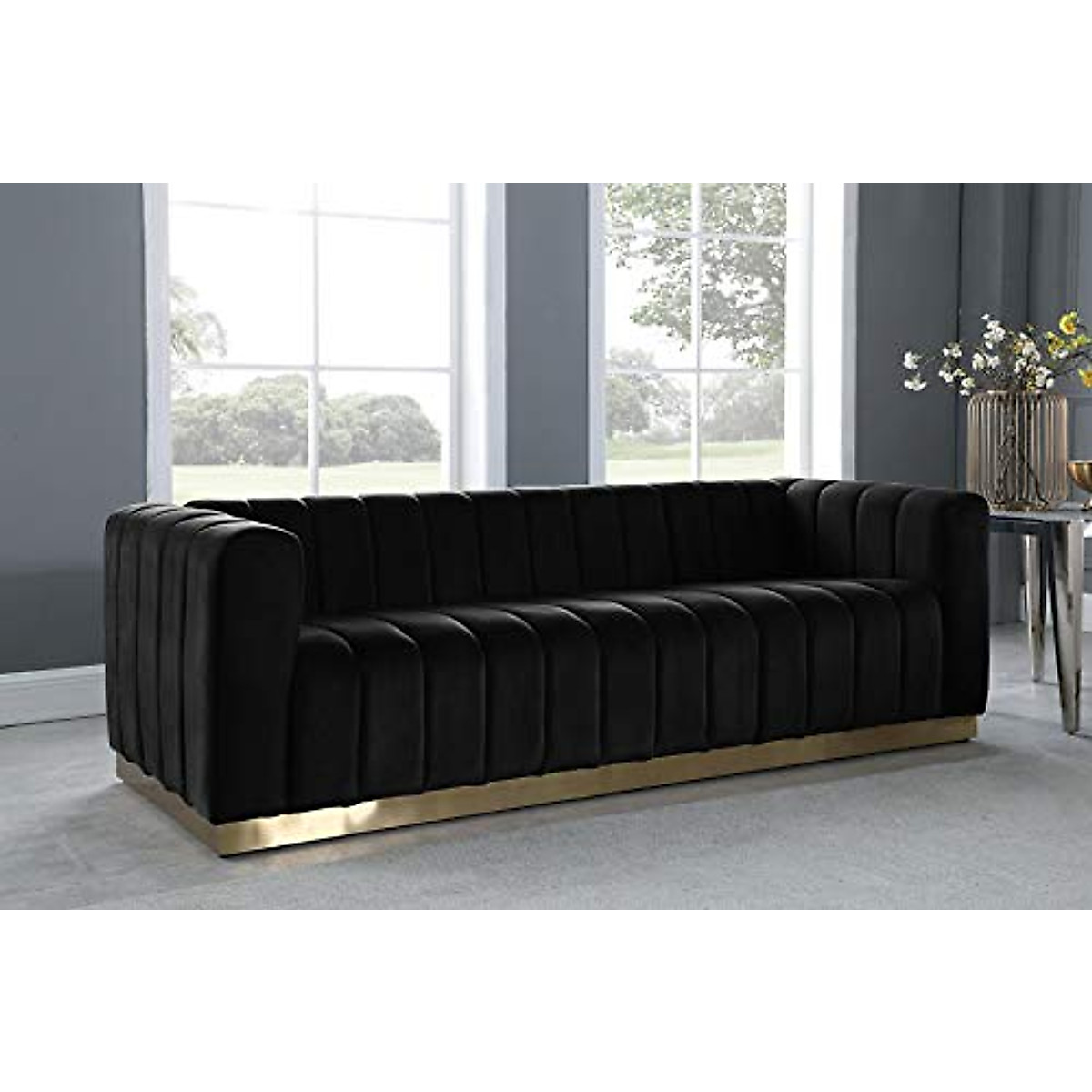 Meridian Furniture 603Black-S Marlon Collection Modern | Contemporary Velvet Upholstered Sofa with Deep Channel Tufting, Stainless Steel Base in a Brushed Gold Finish, Black, 86.5" W x 34" D x 28" H