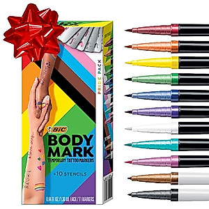 BIC BodyMark Temporary Tattoo Markers for Skin, Pride Pack, Flexible Brush Tip, 11-Count Pack of Assorted Colors, Skin-Safe, Cosmetic Quality