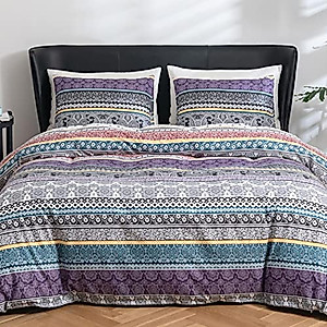 Lekesky Boho Duvet Cover Queen Size, Bohemian Purple Blue Retro Floral Print Comforter Cover Set, 3pcs Luxury Soft Microfiber Bedding Set with Zipper Ties