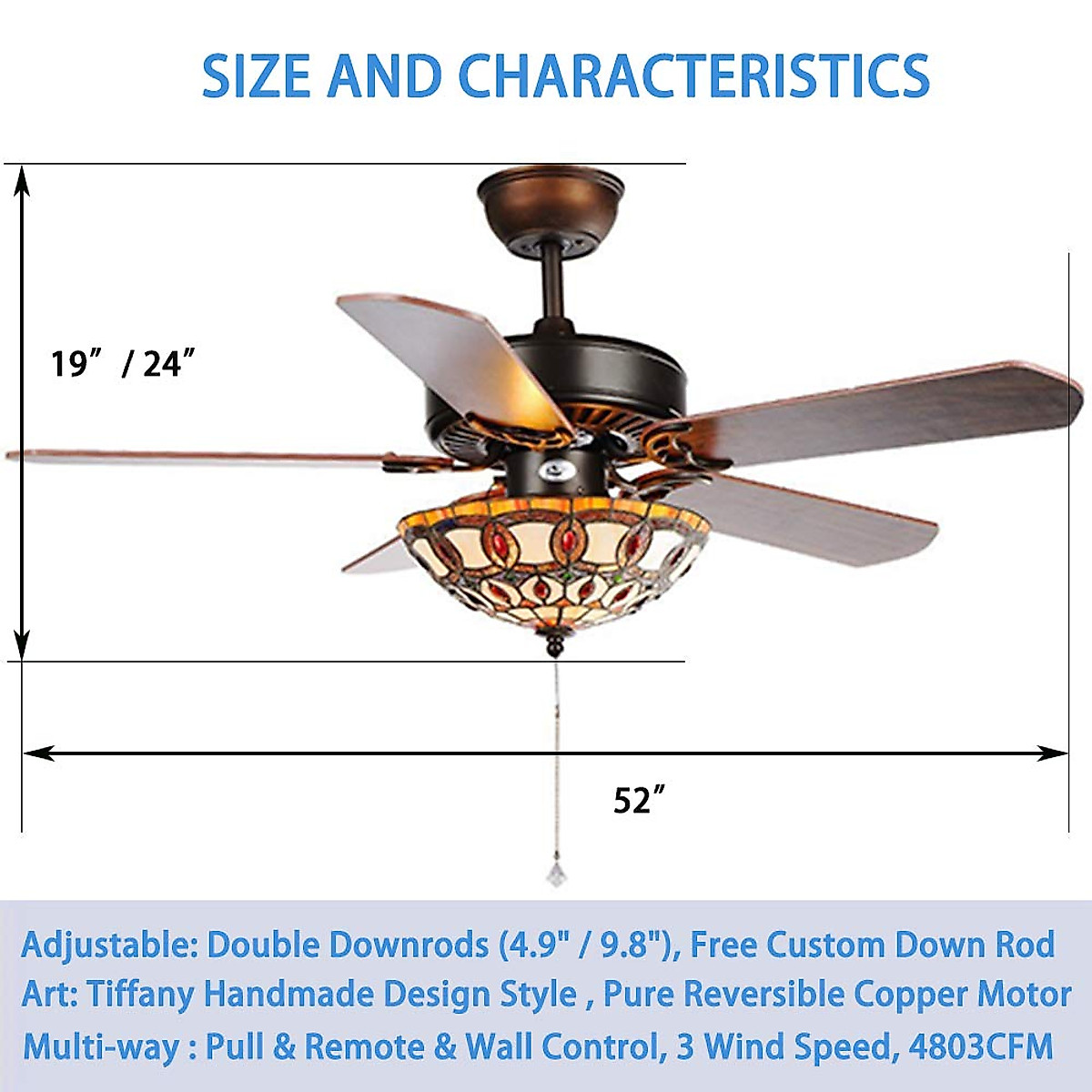 52-Inch Black Ceiling Fan With Tiffany Light