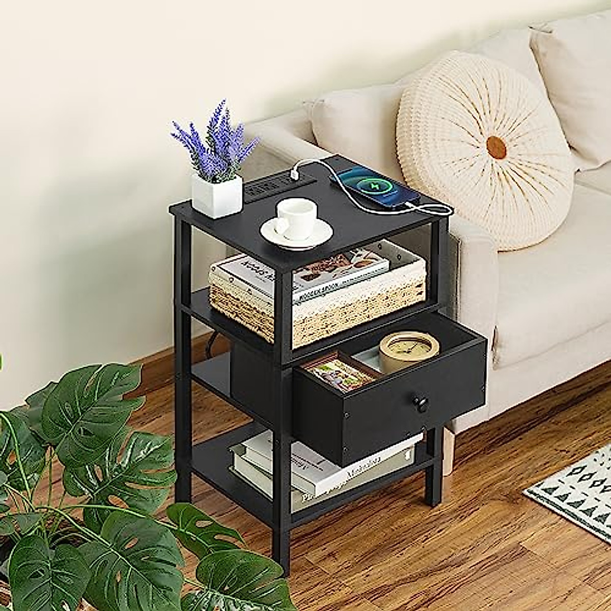 Lerliuo Nightstand with Charging Station and USB Ports, 3-Tier Storage End Table with Drawer Shelf, Night Stand for Small Spaces, Wood Bedside Table for Living Room, Bedroom - Classic Black