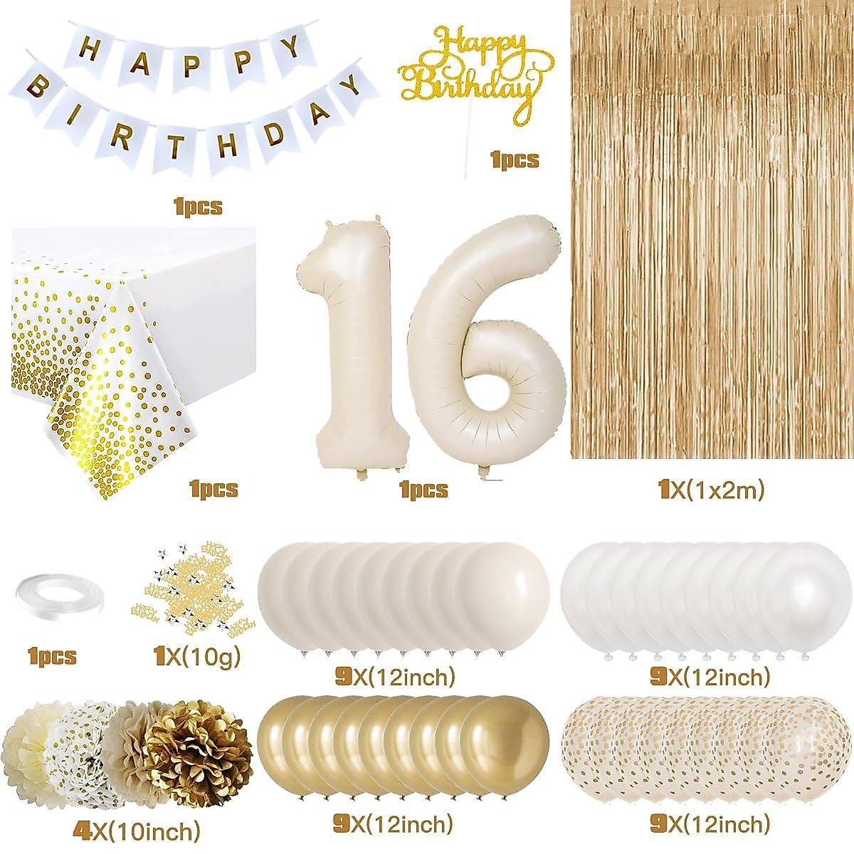 Sweet 16 Birthday Decorations, White and Gold 16th Birthday Decorations for Girls Boy 16th Happy Birthday Banner Tablecloth Fringe Curtain Cake Topper Paper Pom Poms for Girl Boys Sweet 16 Party Decor