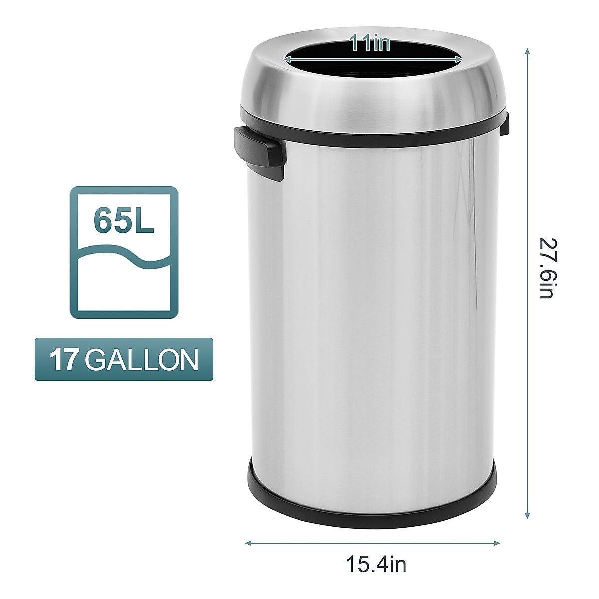 WELYFE 17 Gallon Open Top Trash Can, Round Stainless Steel Trash Can, Commercial Trash Can, 65 L(Open Top), Silver