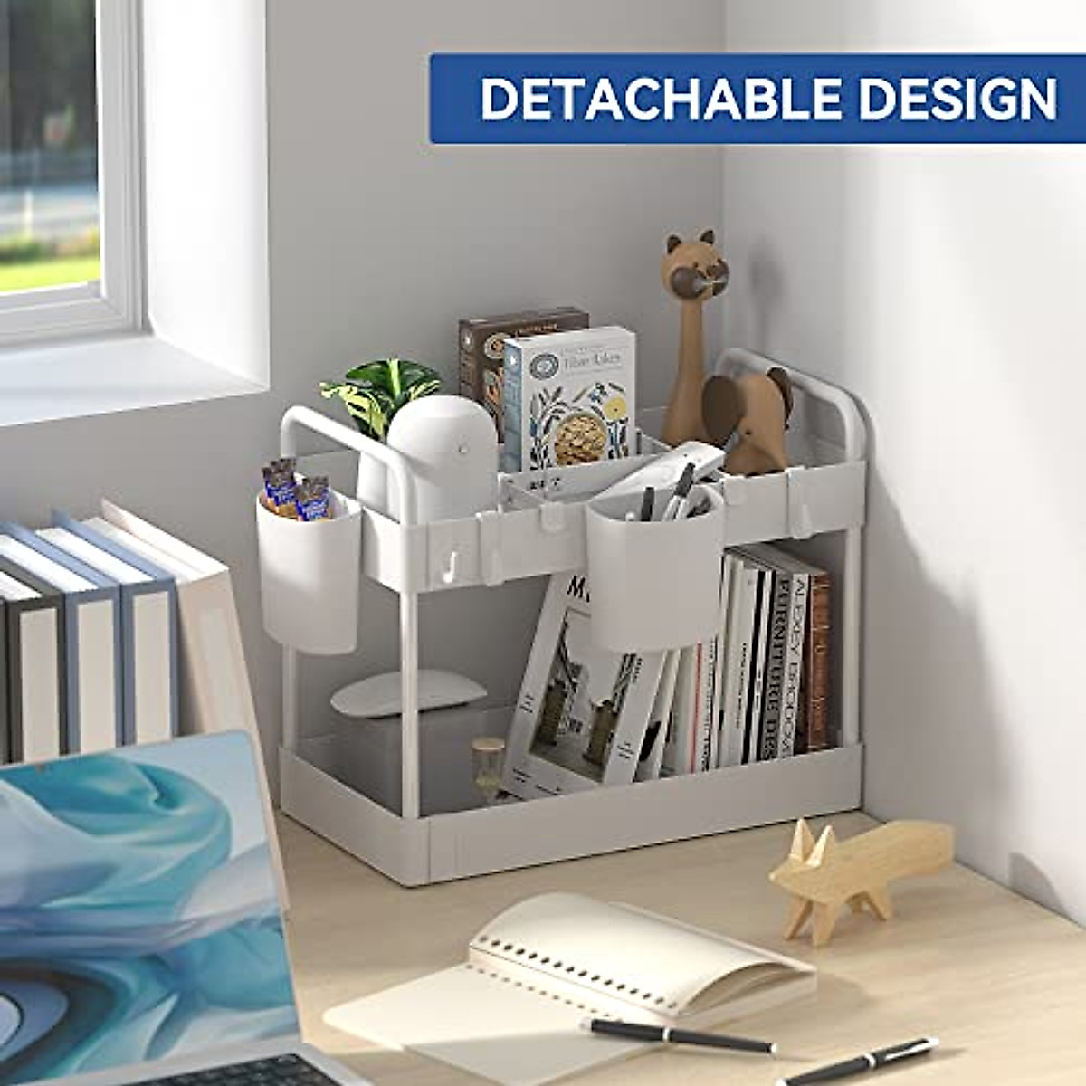 VANDHOME 3-Tier Storage Rolling Cart Slide Out Storage Rolling Utility Cart, Mobile Shelving Unit Storage Shelves Multifunctional Organizer Slide Out Trolley Cart for Kitchen Bathroom - White