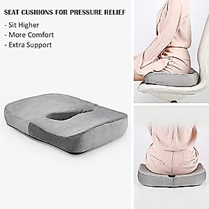 Memory Foam Seat Cushion for Office Chair-Coccyx Seat Cushion-Pain Relief Cushion-Orthopedic Seat Cushion Pillow-Ergonomic Contoured Posture Corrector-Short Plush-Grey