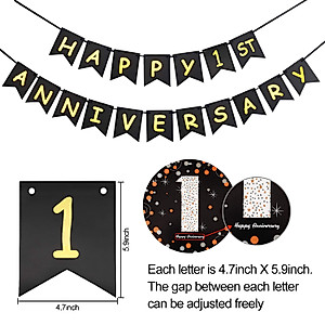 1 Year Anniversary Decorations Kit, 1st Wedding Anniversary Banner Party Decorations Suppilies - Including Gold Glitter Happy 1th Anniversary Banner / 9Pcs Sparkling 1 Hanging Swirl /6Pcs Poms…