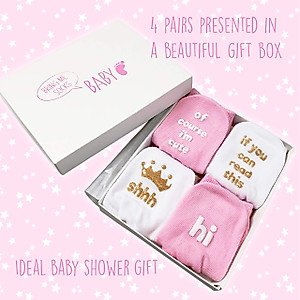 Baby Girl Socks Gift Set - Unique Baby Shower or Newborn Gift For Her - 4 Pairs of Cute Quotes in Gift Box