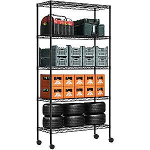 BSTOPHKL Wire Shelving Storage Shelf 5 Tier Wire Shelves Unit, 1500lbs Capacity Adjustable Rolling Metal Racks with Wheels,Metro Shelving Heavy Duty for Kitchen, 30" D x 14" W x 60" H, Black