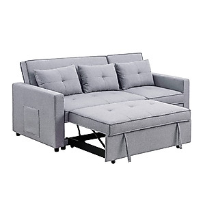 Favfurish 80'' L-Shape Convertible Sleeper Sectional Sofa with Pull-Out Recliner and Bed, Side Pocket, Linen Corner 3 Person Couch for Home Furniture, Living Room, Apartment, Dorm, Light Grey