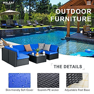 Waleaf 7 Pieces Outdoor Furniture Rattan Sectional Patio Sofa, Outdoor Indoor Backyard Porch Garden Poolside Balcony Wicker Conversation Set with Table (Dark Blue)